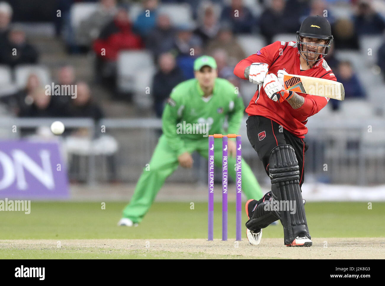 Leicestershire's Cameron Delport hits out against Lancashire, during ...