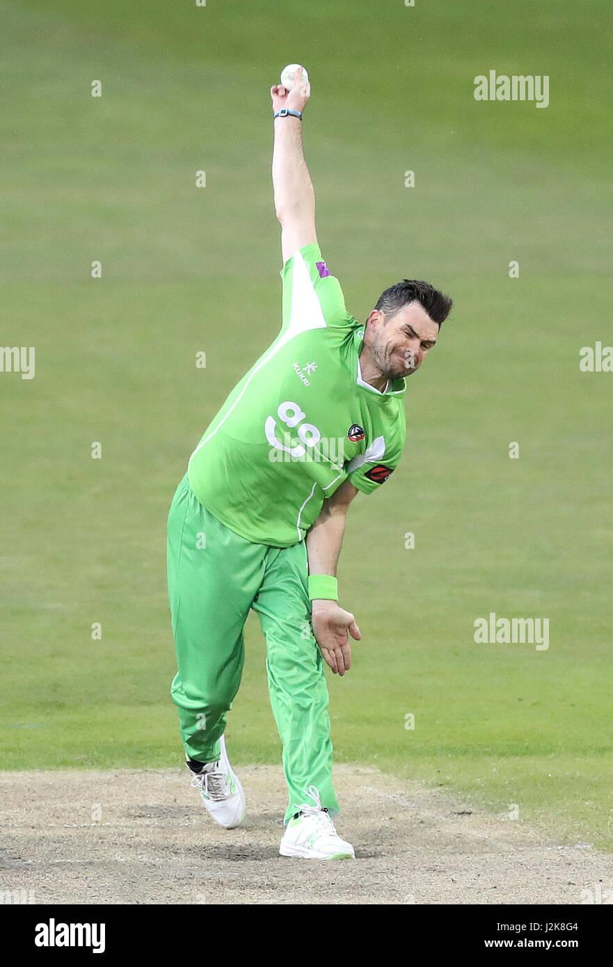 Lancashire's James Anderson bowls to Leicestershire's Cameron Delport ...