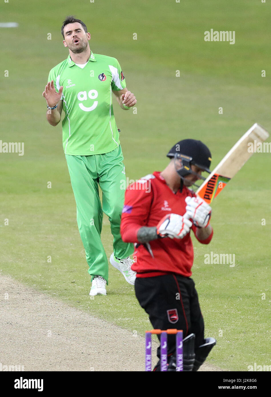 Lancashire's James Anderson bowls to Leicestershire's Cameron Delport ...