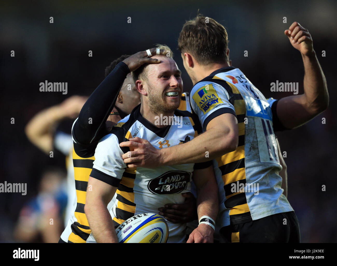 Wasps' Dan Robson celebrates his try during the Aviva Premiership match ...