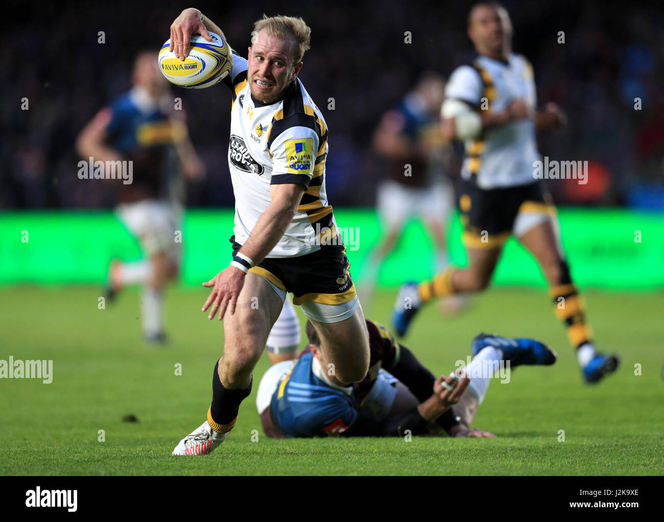 Wasps' Dan Robson goes over for the first try during the Aviva ...