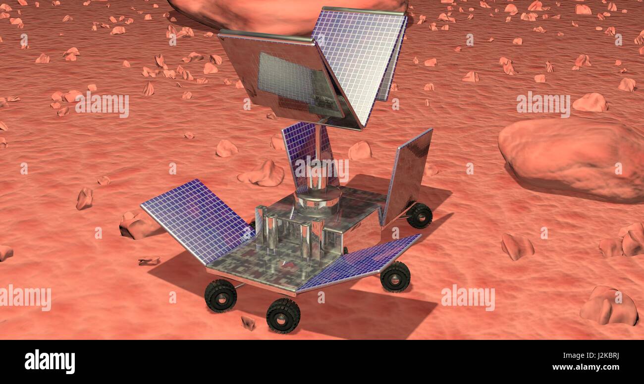 Martian land rover, planet probe unfolding solar panels to gather sun ...