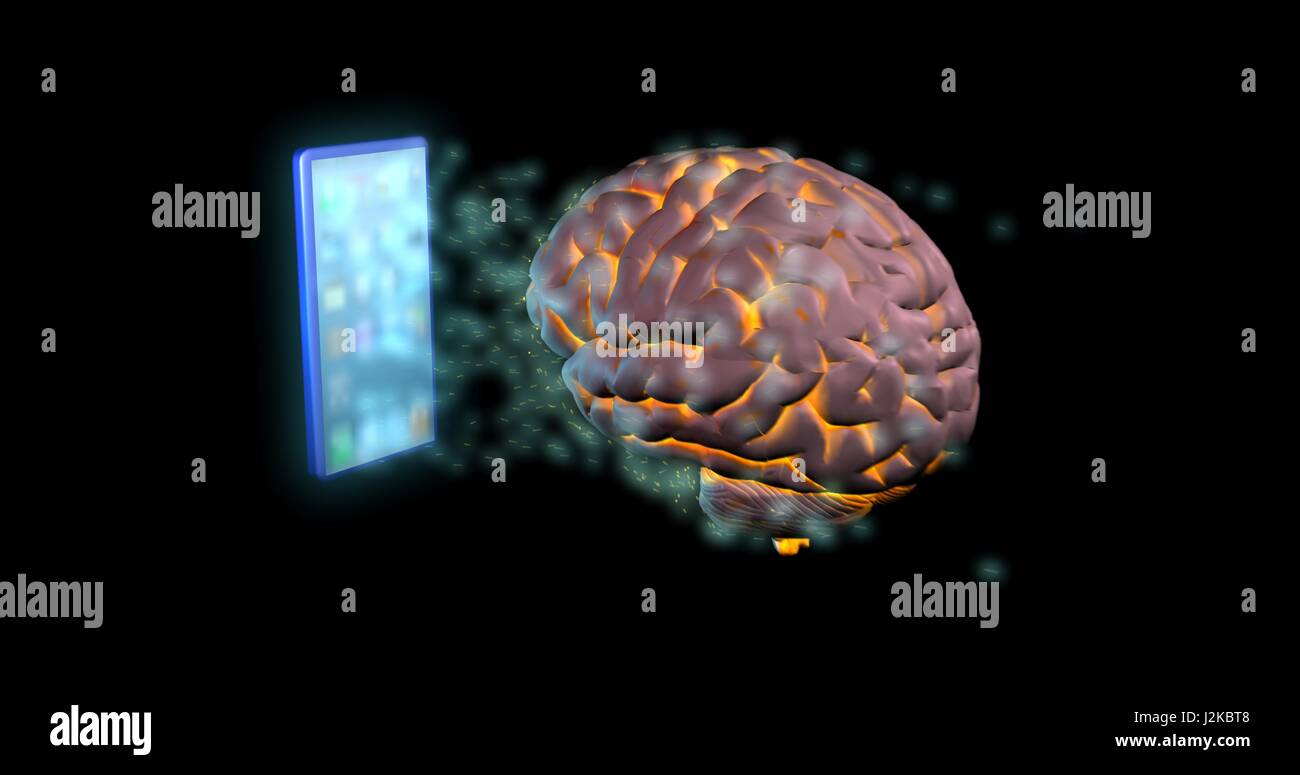 Smart phone,mobile device sending information into glowing brain. 3d ...
