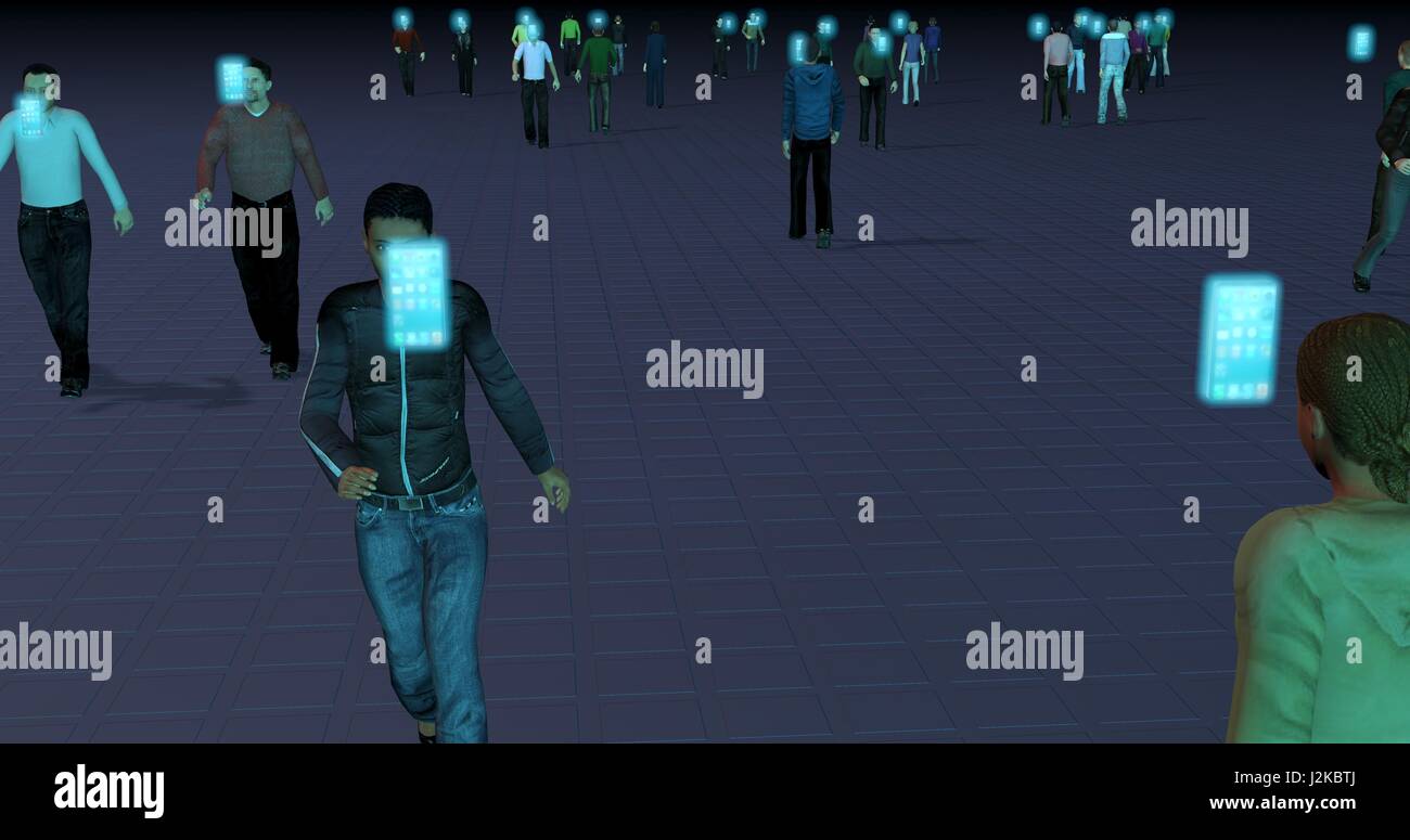 Many people walking with gaze, eyes on floating smart phones, cells ...
