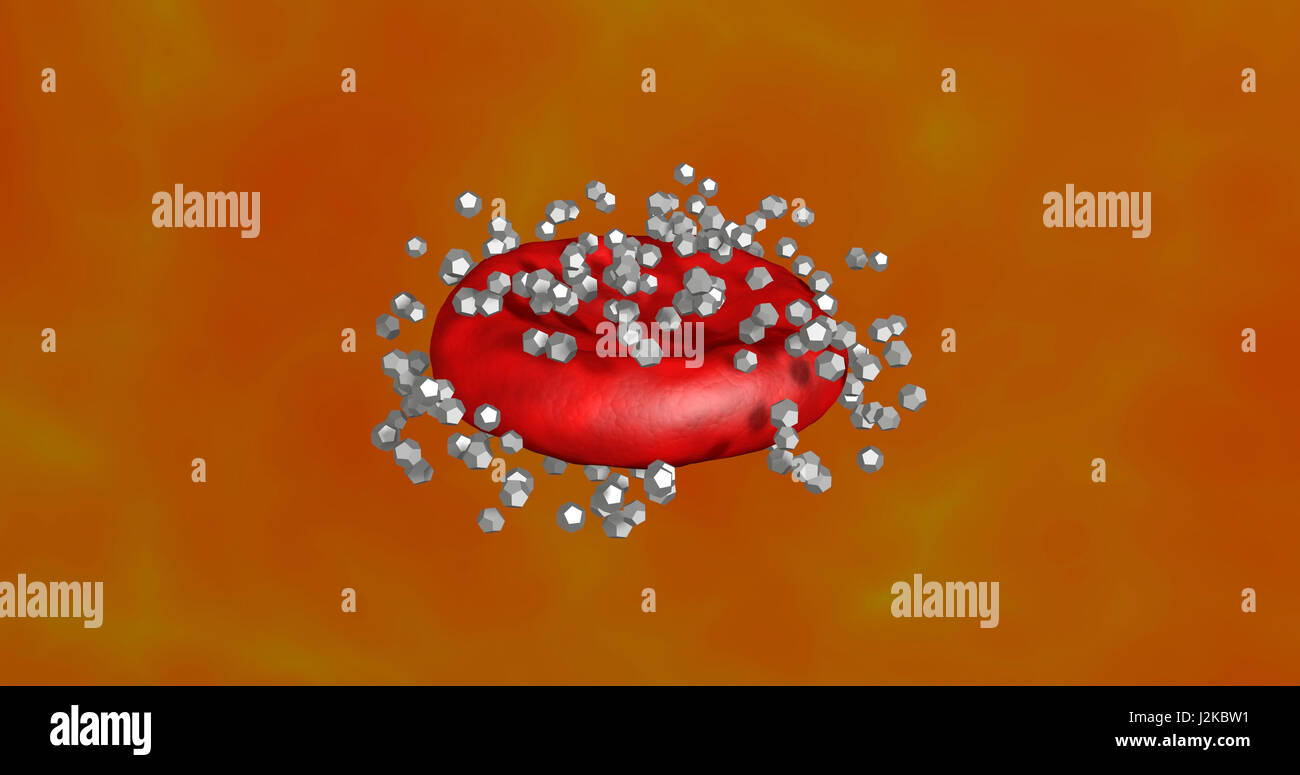 Nanobots, tiny particles, robots, swarm protecting cell from bacteria ...