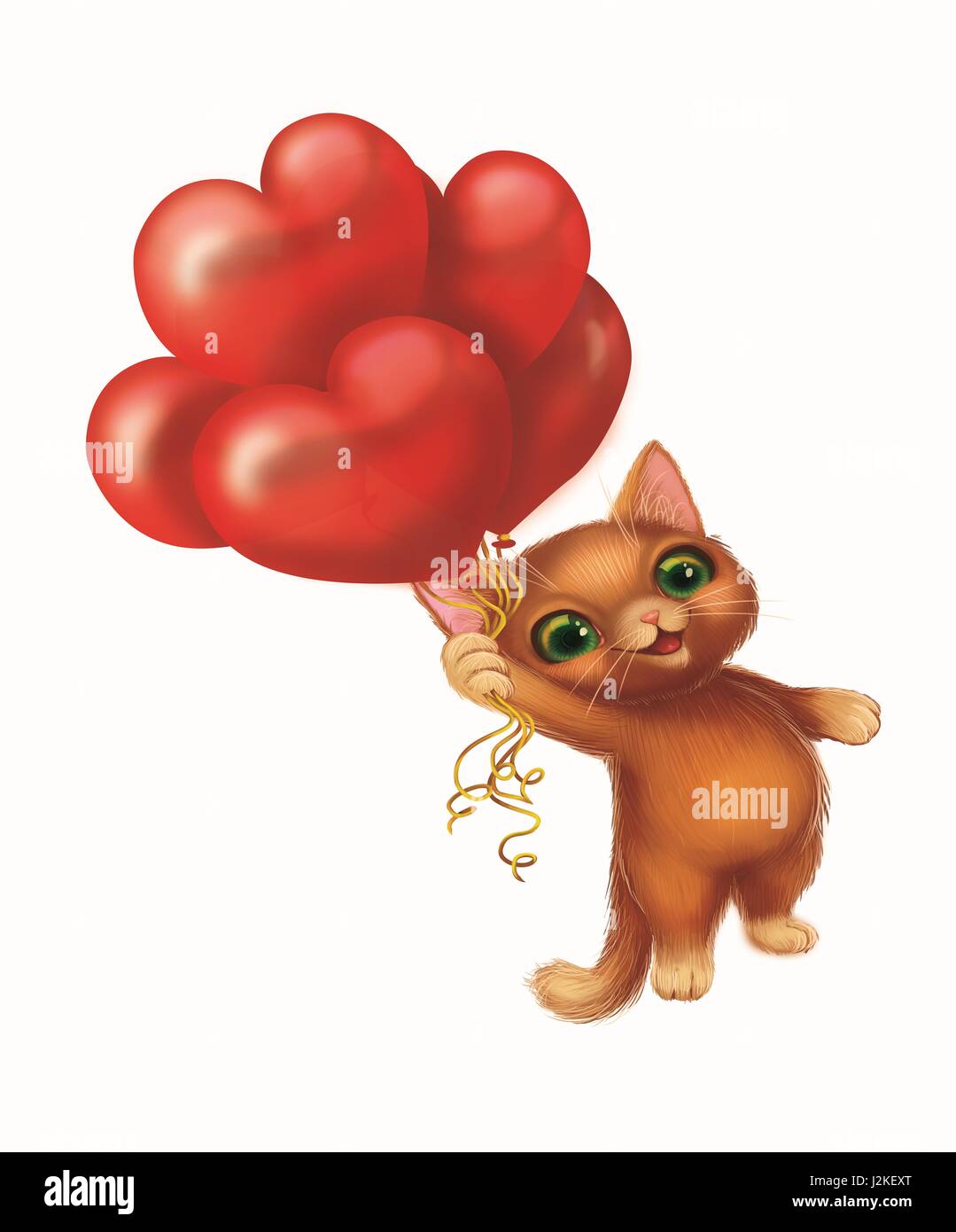 Cute Smiling Furry Kitten in Love, Flying on Balloons in the Shape of ...