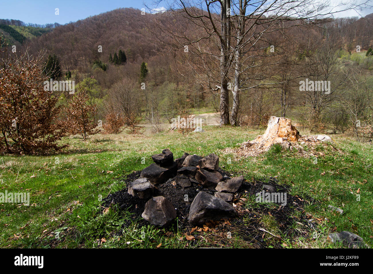 side view of extinguished campfire place with grass stones and black ...