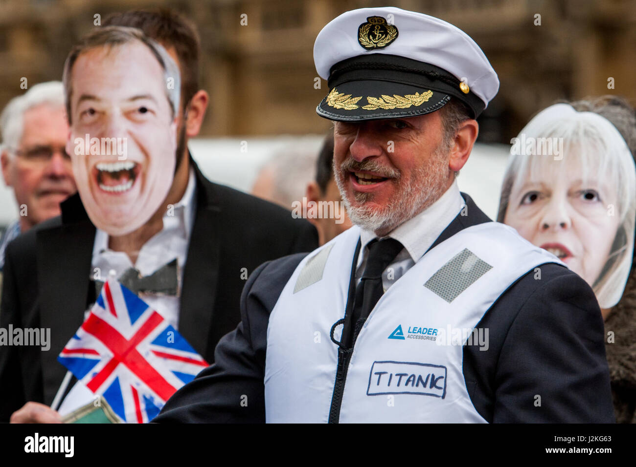 Anti Brexit supporters outside Parliament hold a Titanic themed article ...