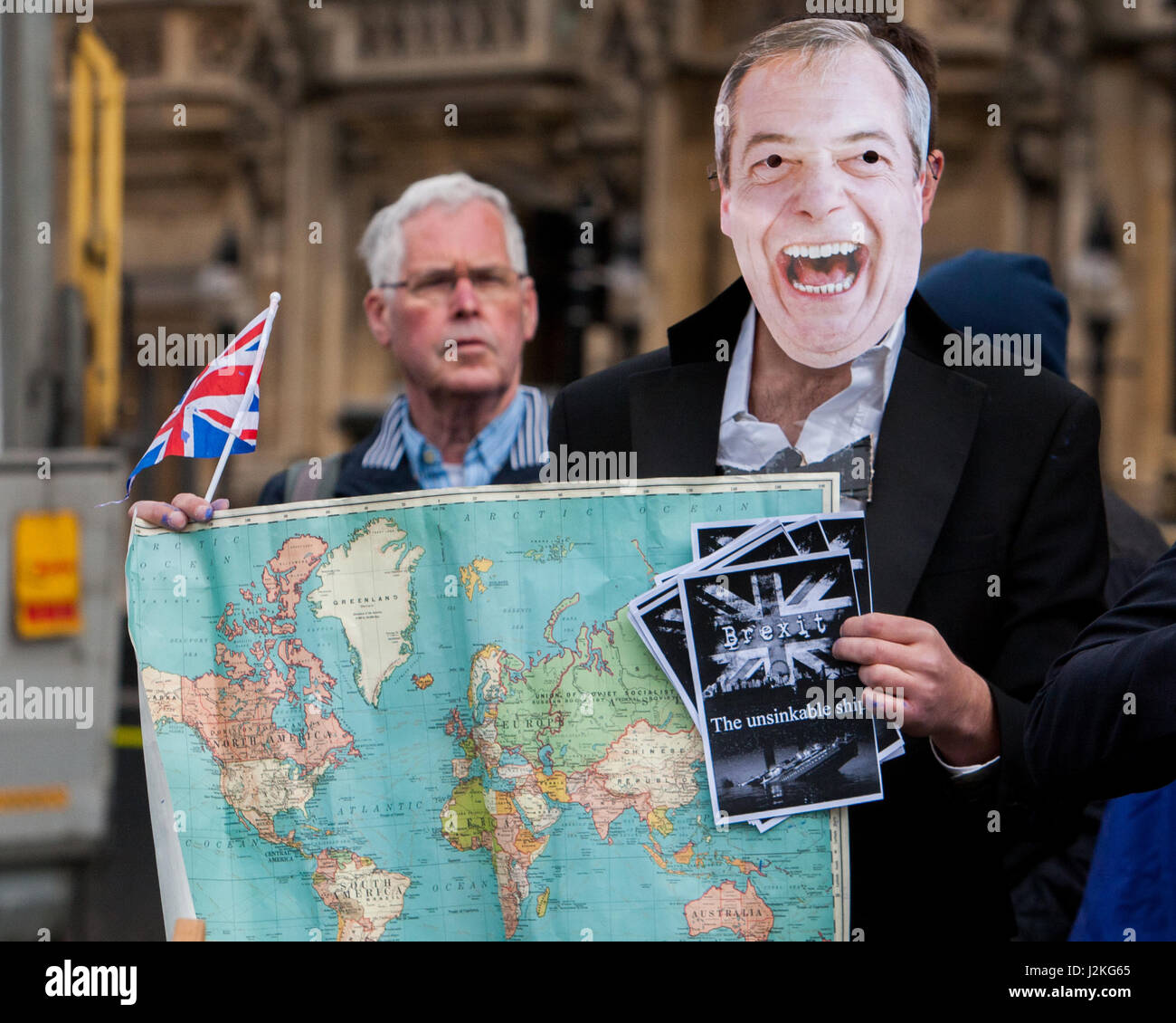 Anti Brexit supporters outside Parliament hold a Titanic themed article ...