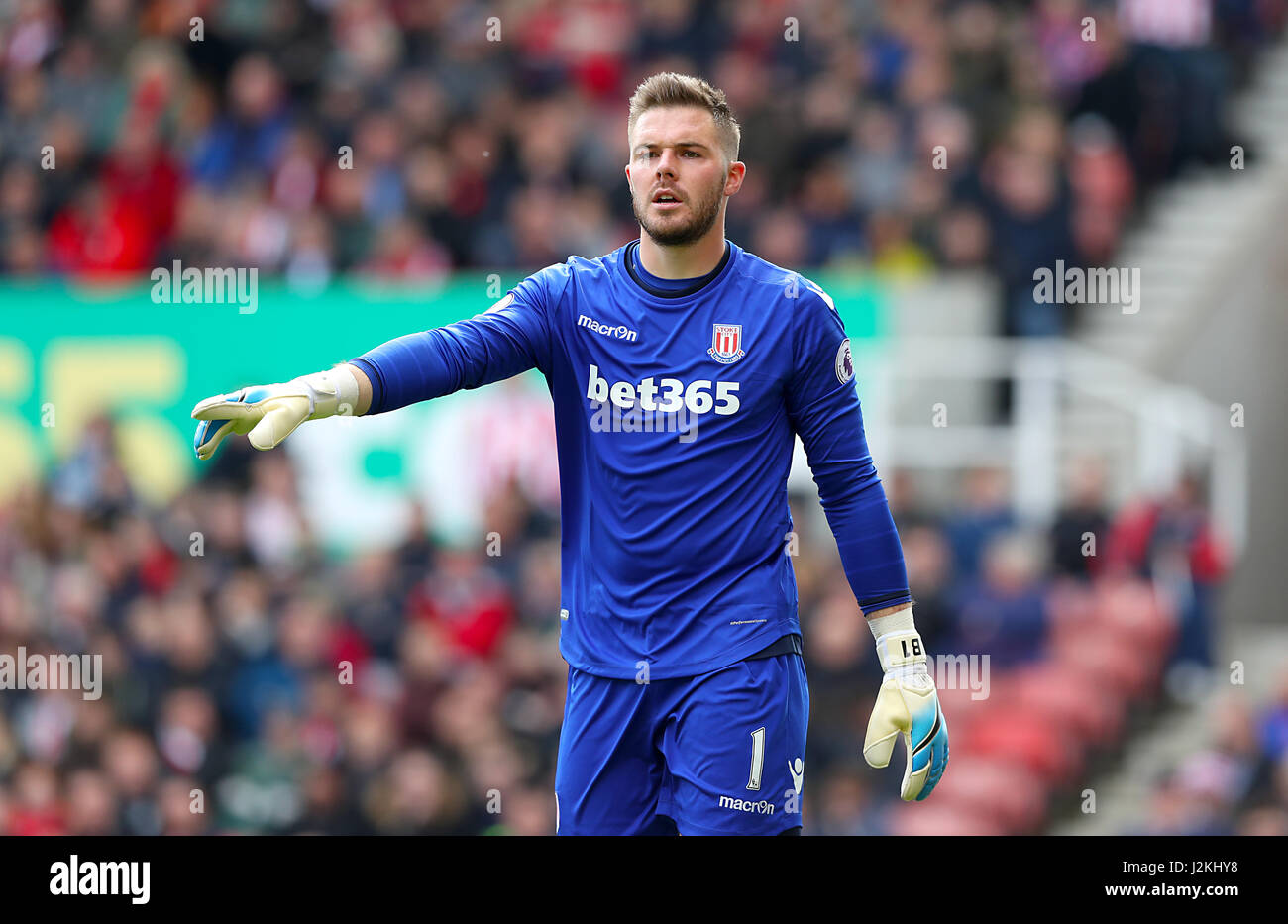 Stoke City goalkeeper Jack Butland gestures during the Premier League ...