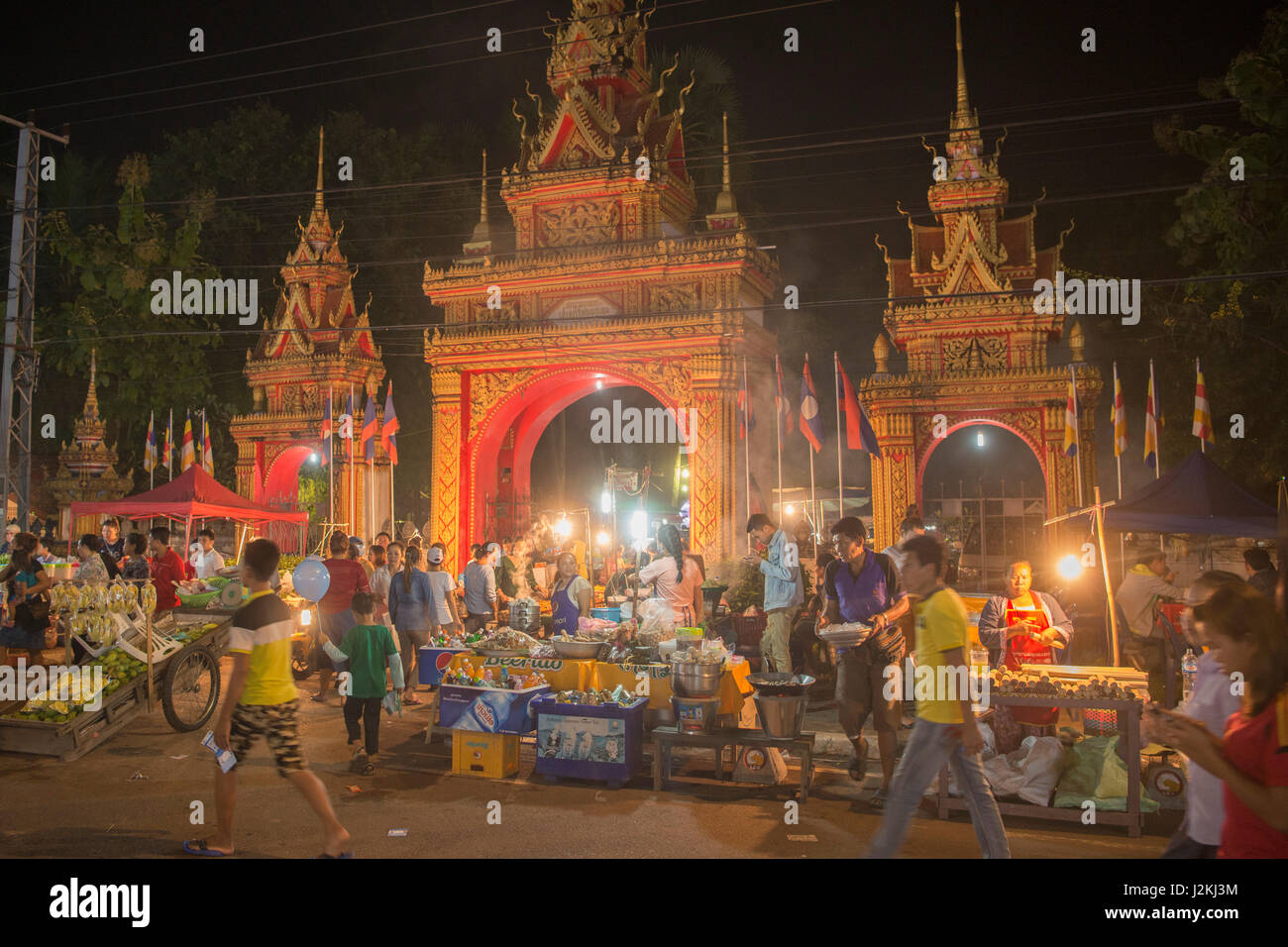 shops on a Temple Gate at the market at the Pha That Luang Festival in ...