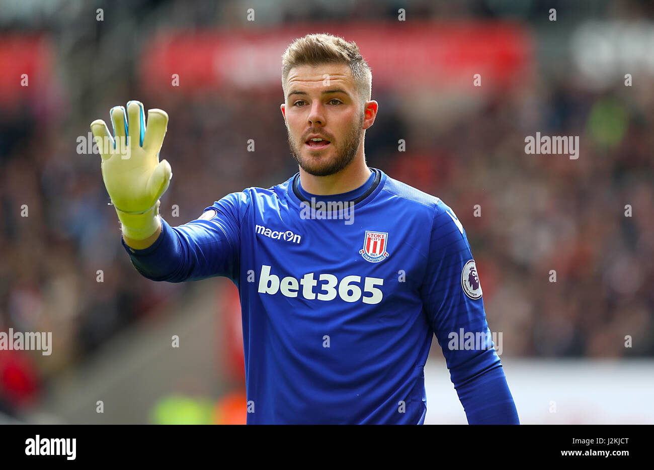 Stoke City goalkeeper Jack Butland gestures during the Premier League ...