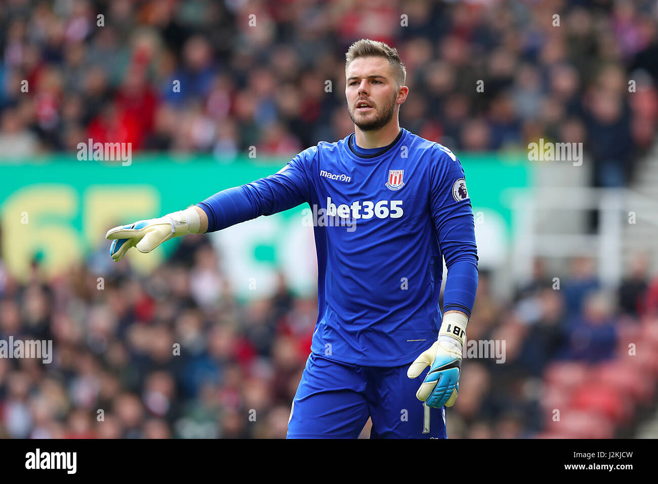 Stoke City goalkeeper Jack Butland gestures during the Premier League ...