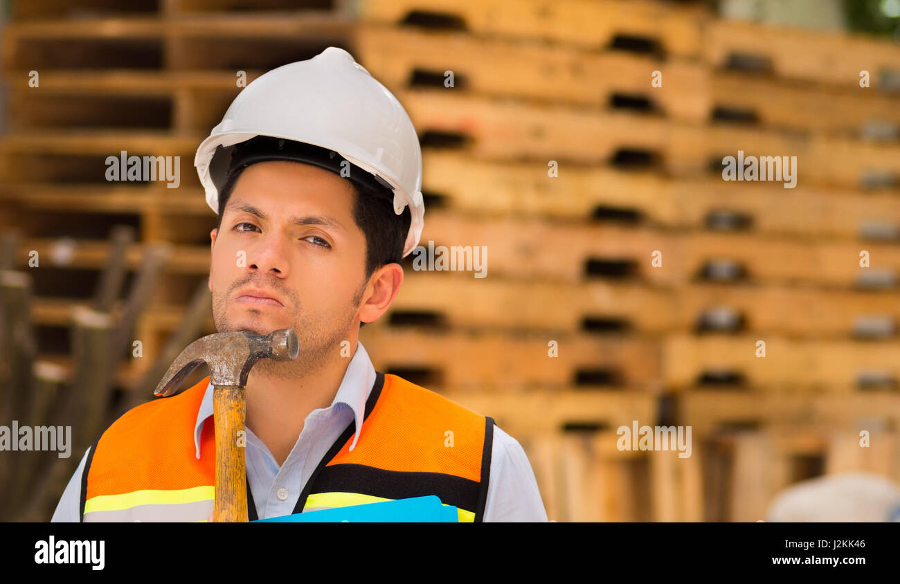 Handsome young engineer holding a folder and hammer in his jaw Stock ...