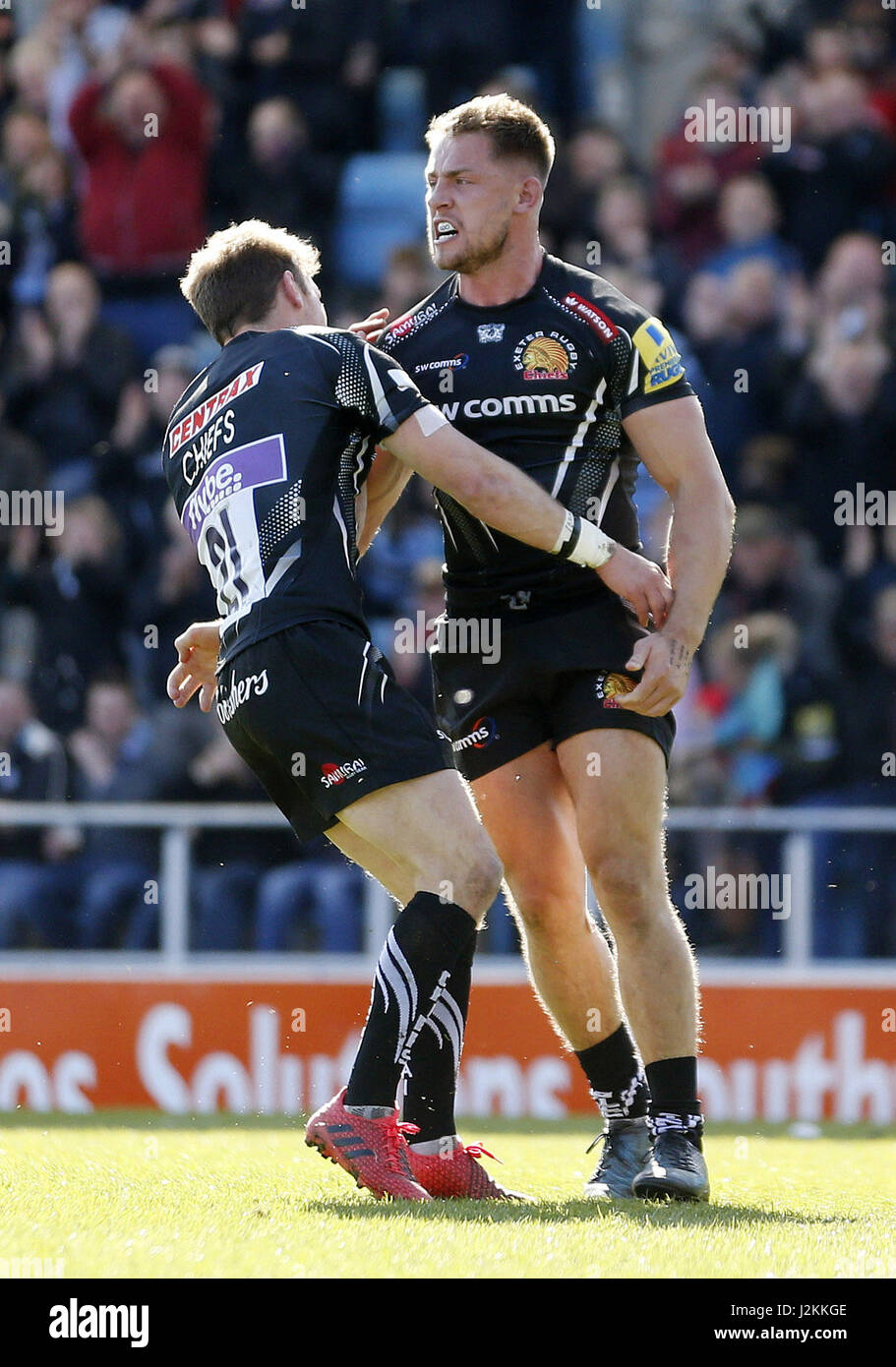 Exeter Chiefs' Sam Hill celebrates scoring their fifth try during the ...