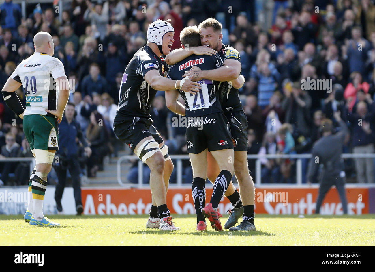 Exeter Chiefs' Sam Hill celebrates scoring their fifth try during the ...