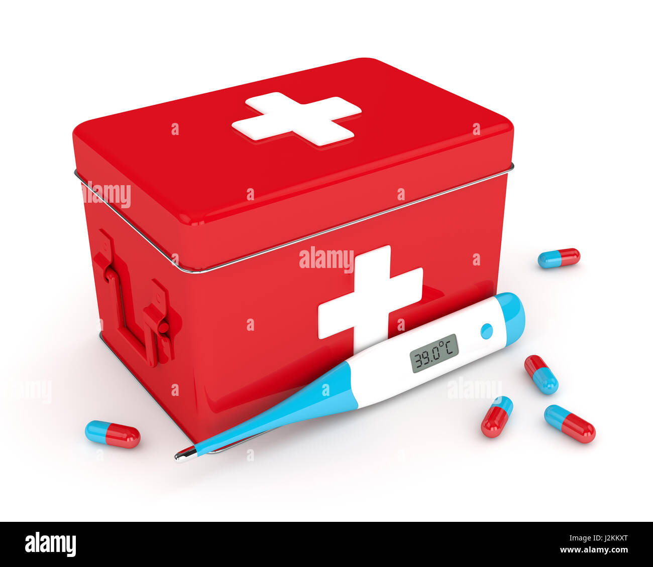 3d render of thermometer, first aid kit and pills isolated over white ...