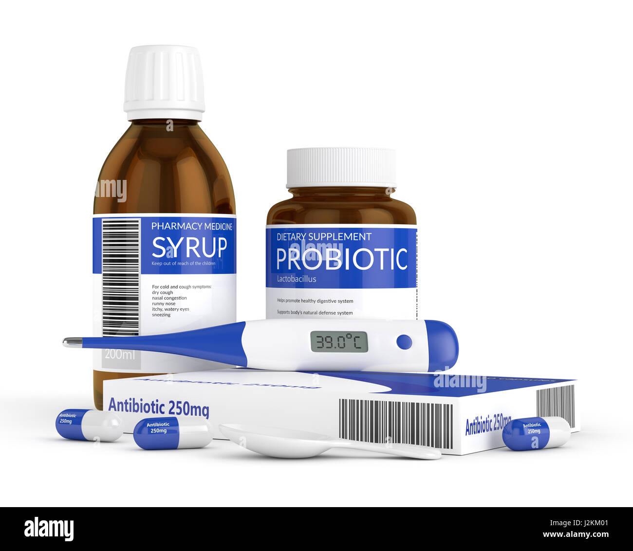 3d render of thermometer, antibiotic, syrup and probiotic isolated over ...