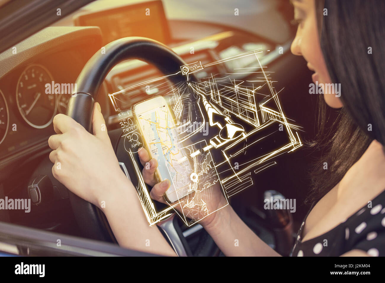 Searching for the right destination. Woman using mobile phone to find ...