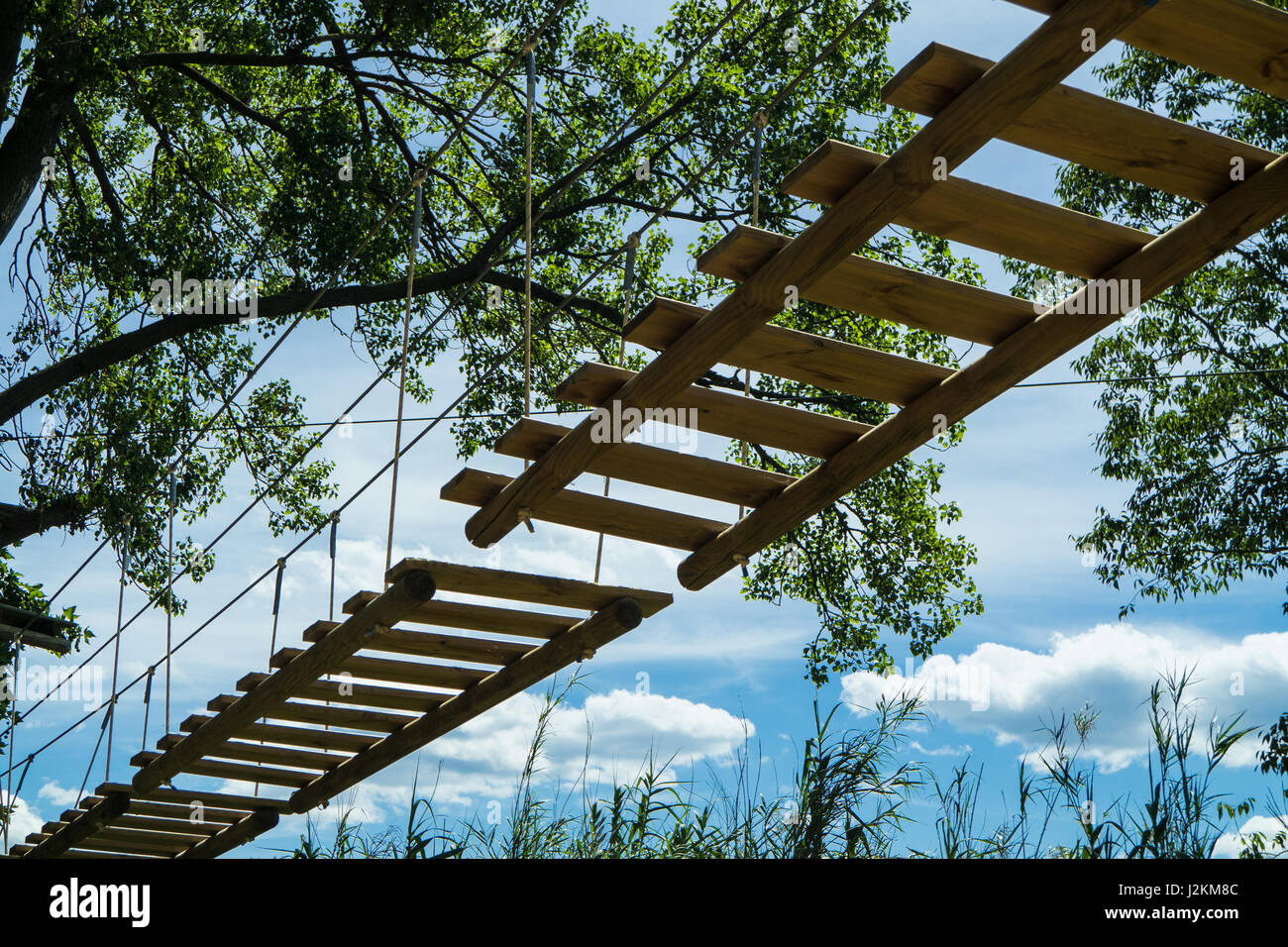 Suspended wood ladder in an outdoor rope park Stock Photo - Alamy