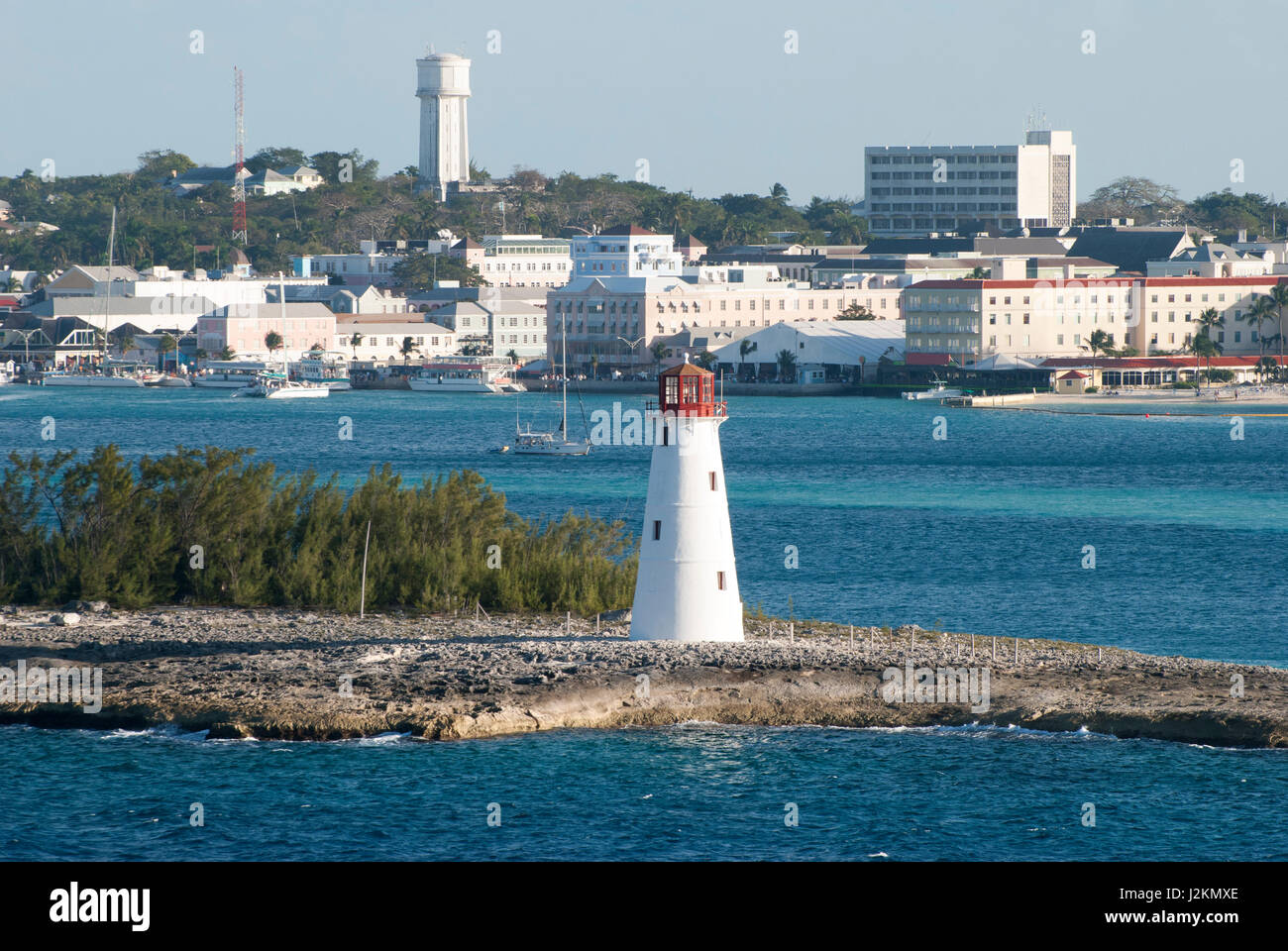 The view of a lighthouse built on Paradise Island with Nassau downtown ...