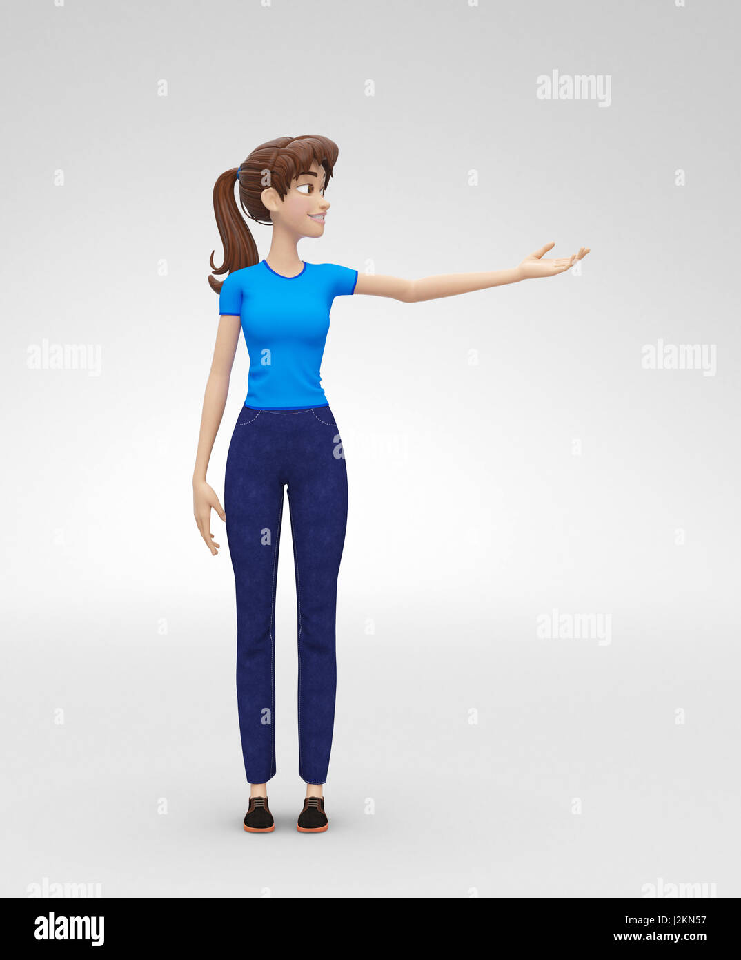 Smiling Successful Jenny 3d Cartoon Female Character Model Presents Product Or Service With