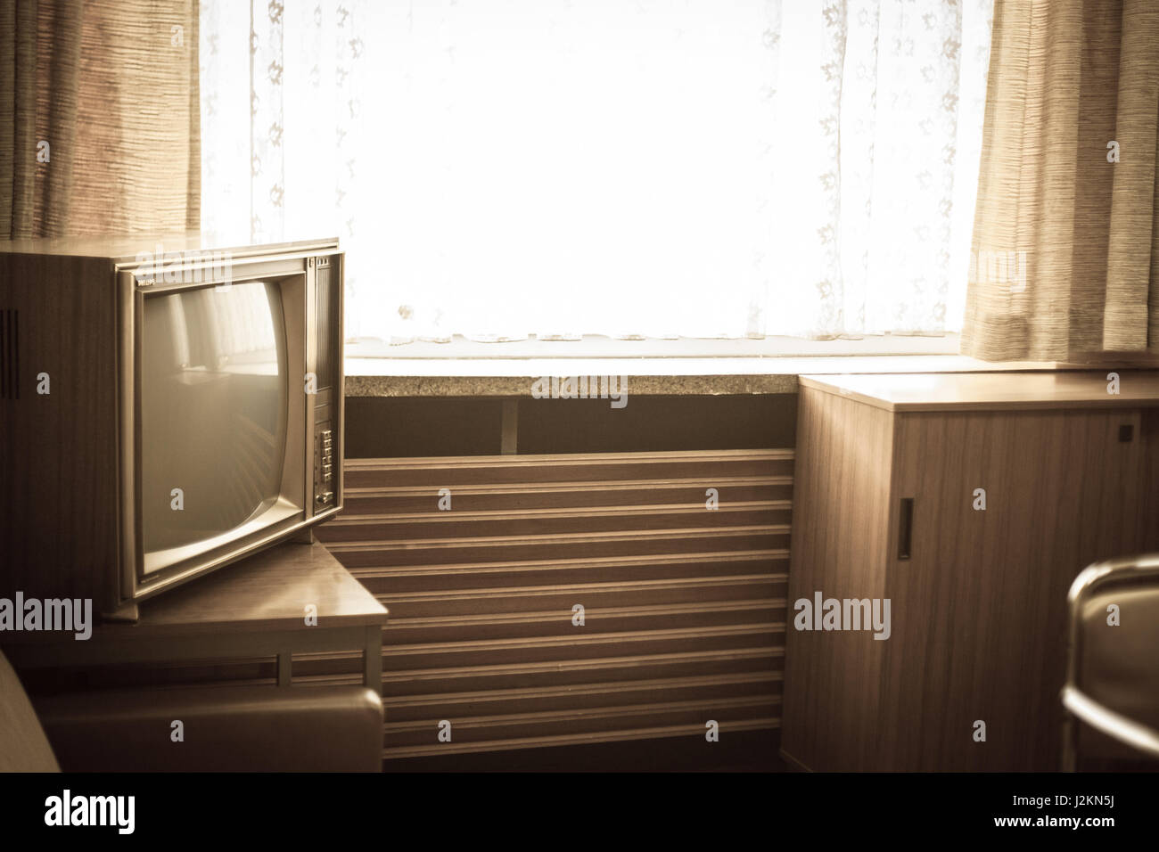 50s interior design. window and tv Stock Photo - Alamy