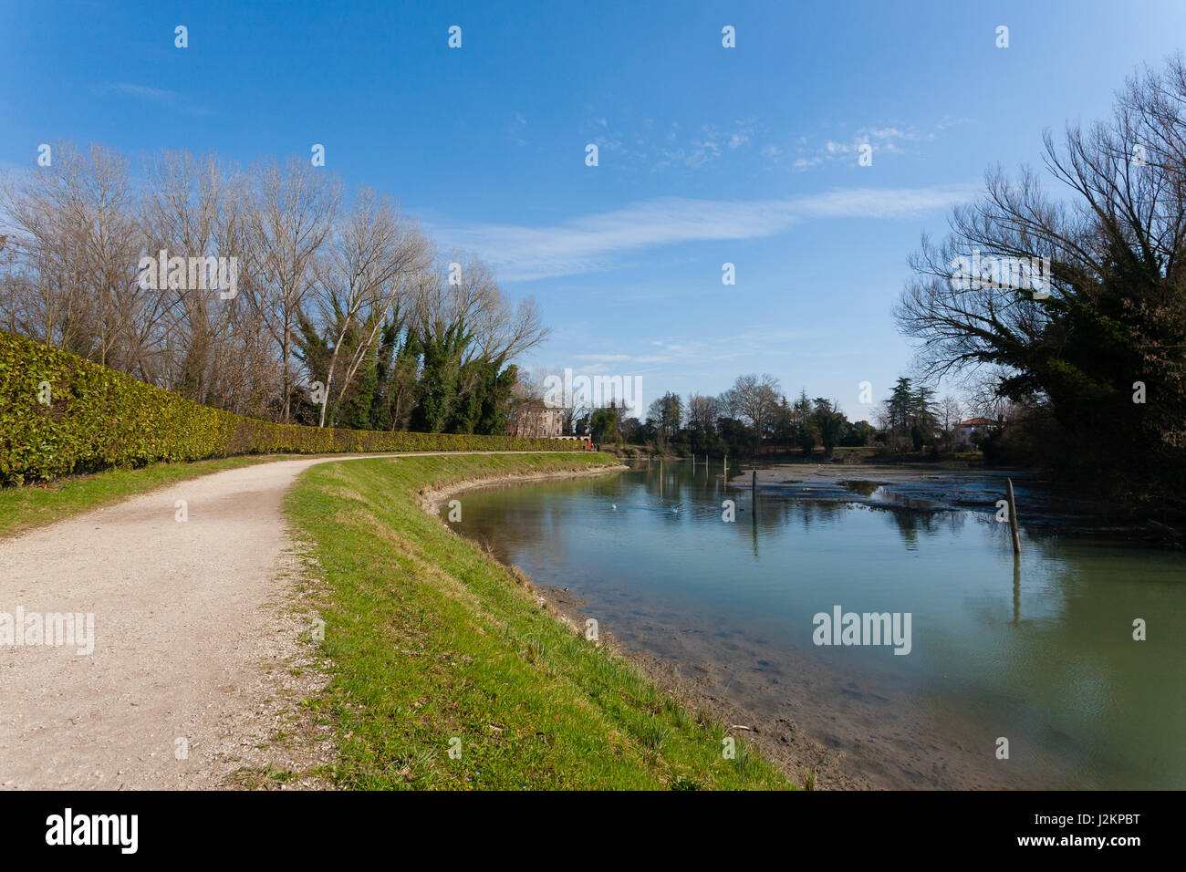 Walk path along Sile river. Sile river natural park, Italy. Sport and ...