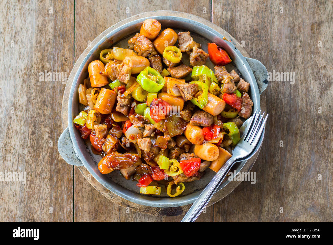 Top view Meat,barbeque In the dish With spoon Stock Photo - Alamy