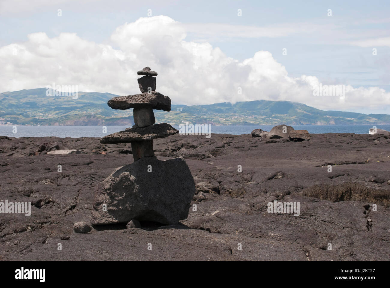 Sculpture made of solid lava, volcanic landscape at Pico island, Azores ...