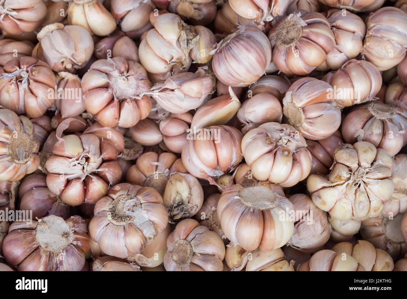 Many loose heads of purple garlic in a basket at an outdoor market ...