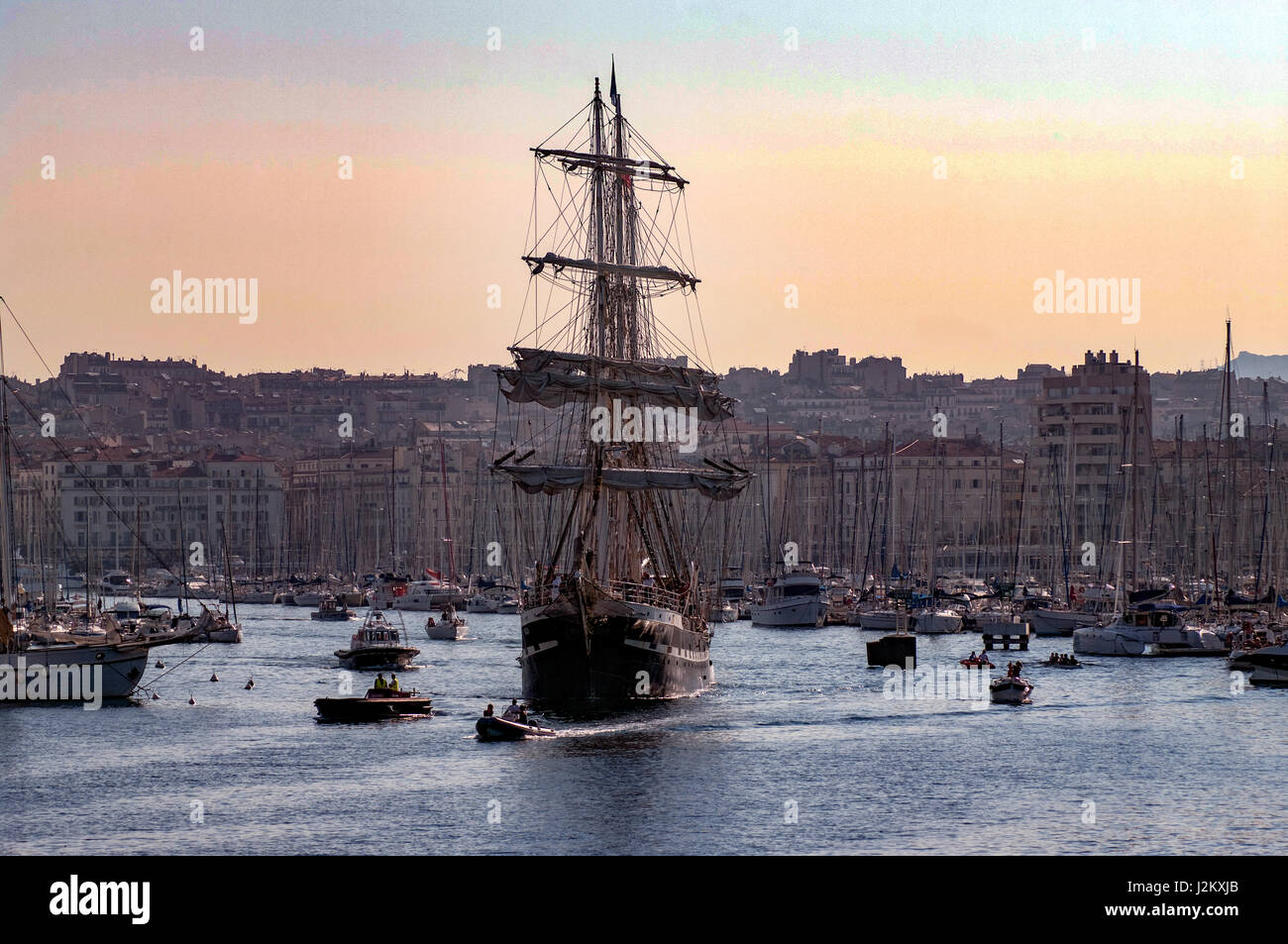 Three masted barque rigged Belem leavin the Vieux Port of Marseilles at ...