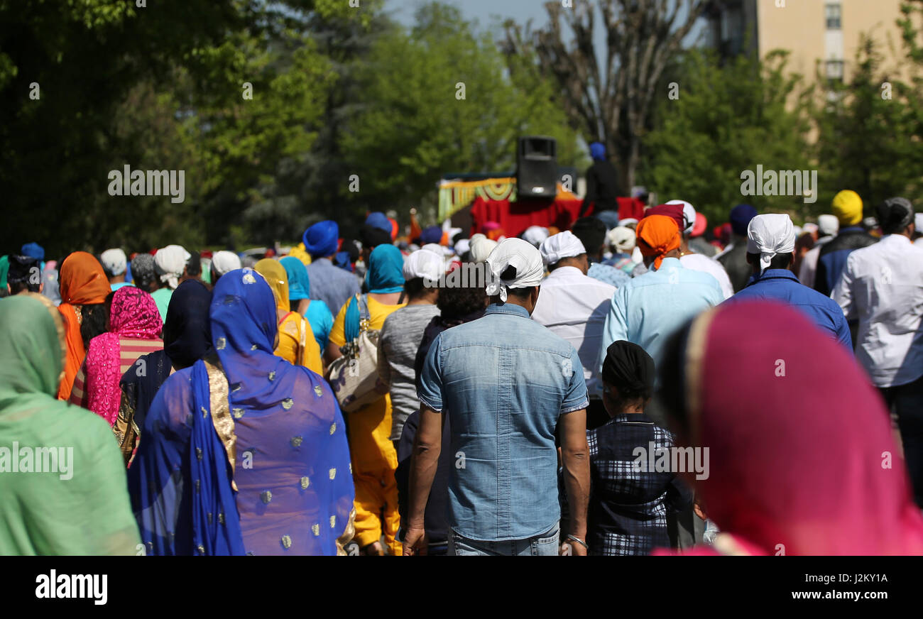 Procession of Sikh religion people with many families during the ...