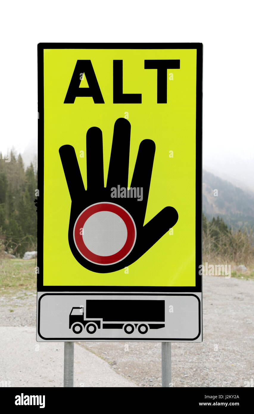 Large traffic sign with one hand and the ban symbol for the block road ...