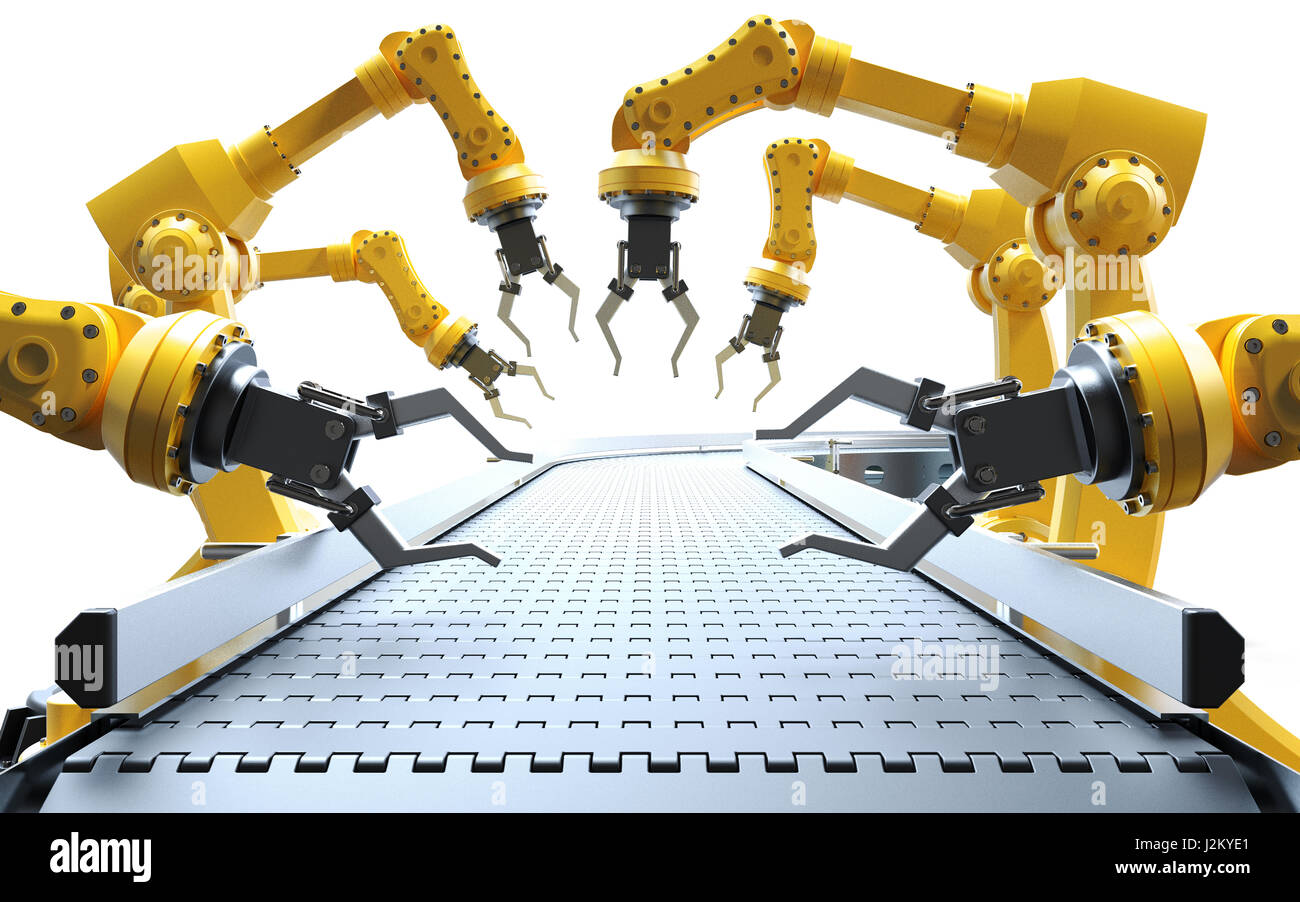 Industrial robotic arms with empty conveyor on white background belt 3D ...