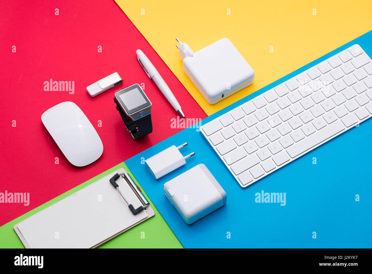 Well organised white office objects on colorful background Stock Photo ...