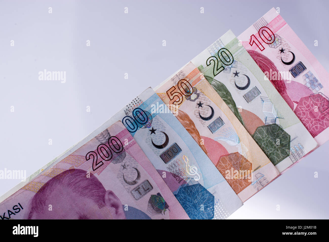 Turksh Lira banknotes of various color, pattern and value on white ...