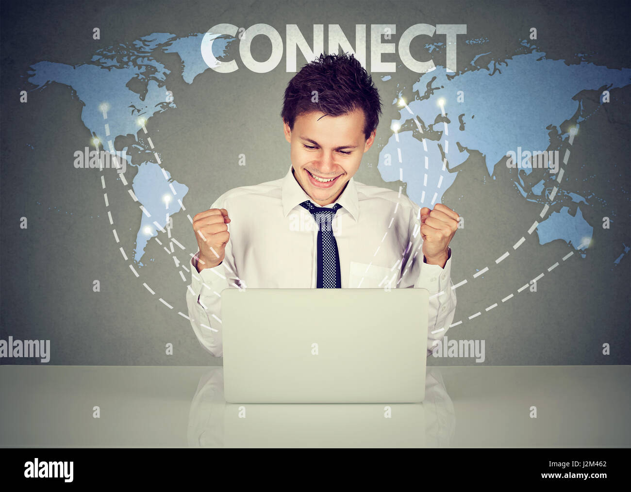 Modern communication technology web connection concept. Happy young man ...