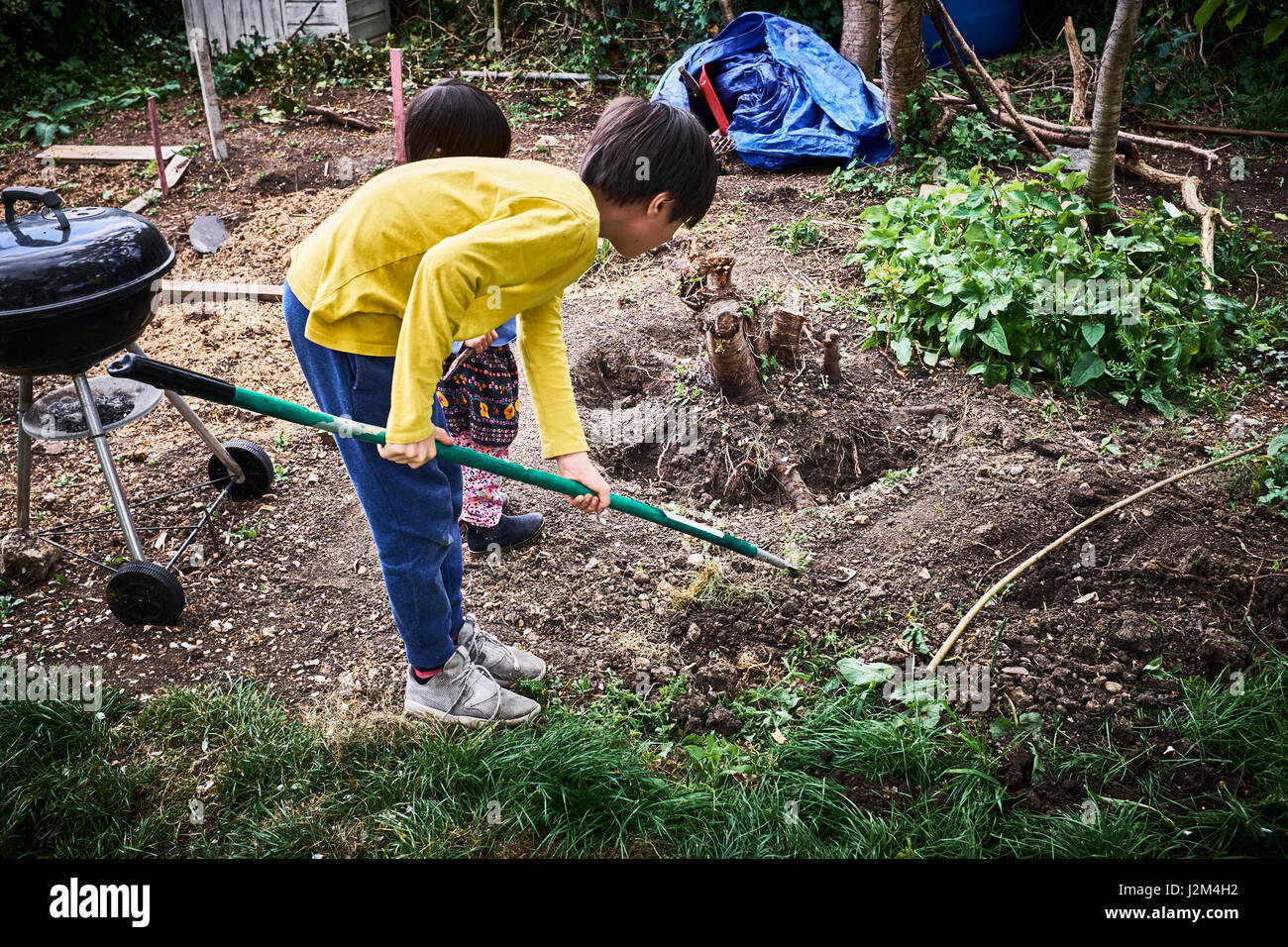Brother and sister messing around in a British allotment Stock Photo ...