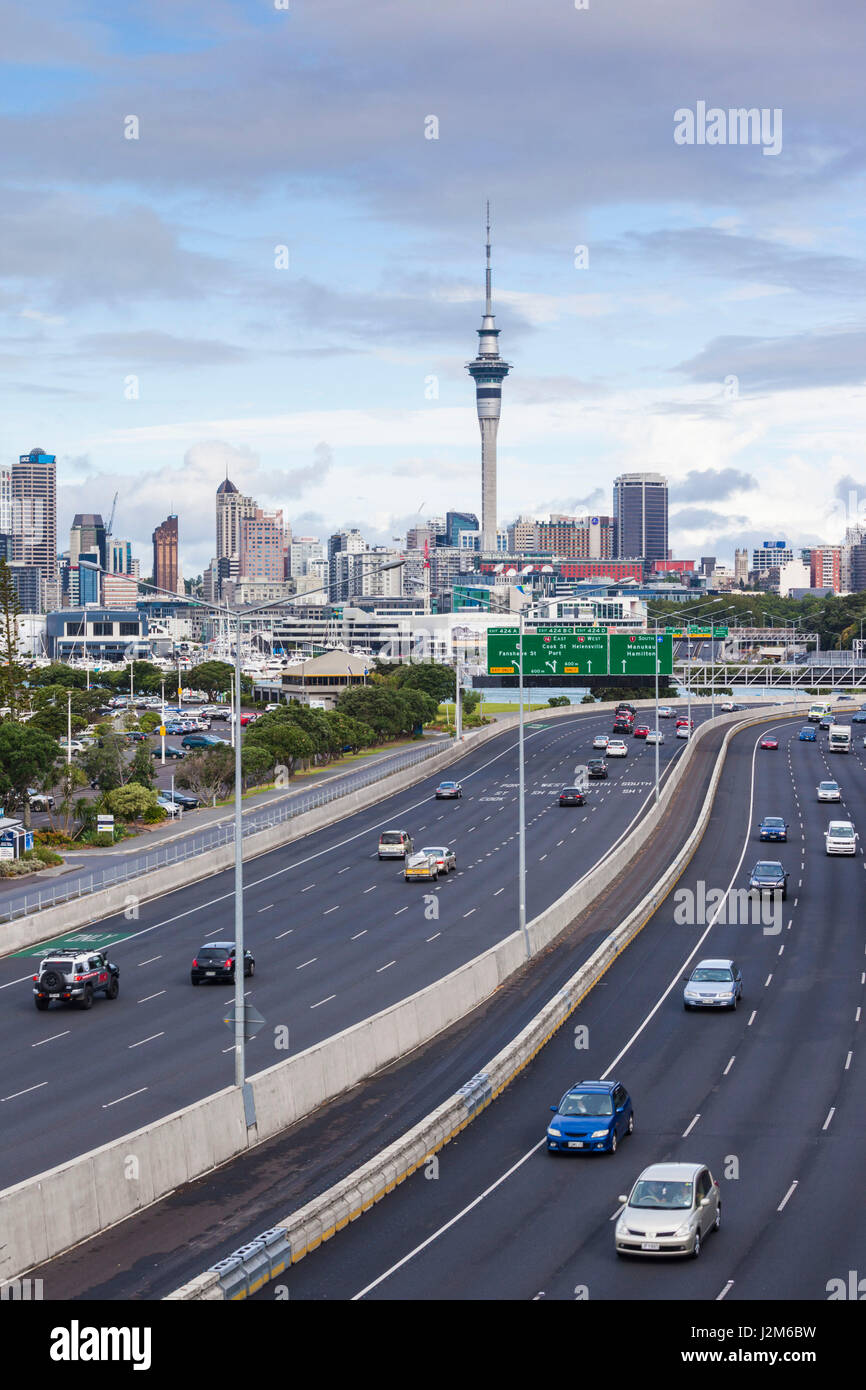 New Zealand, North Island, Auckland, skyline from Northern Motorway ...
