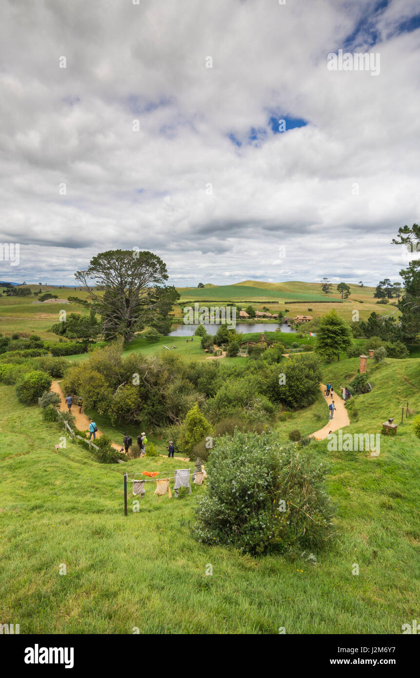 New Zealand, North Island, Matamata, Hobbiton Movie Set, elevated view ...