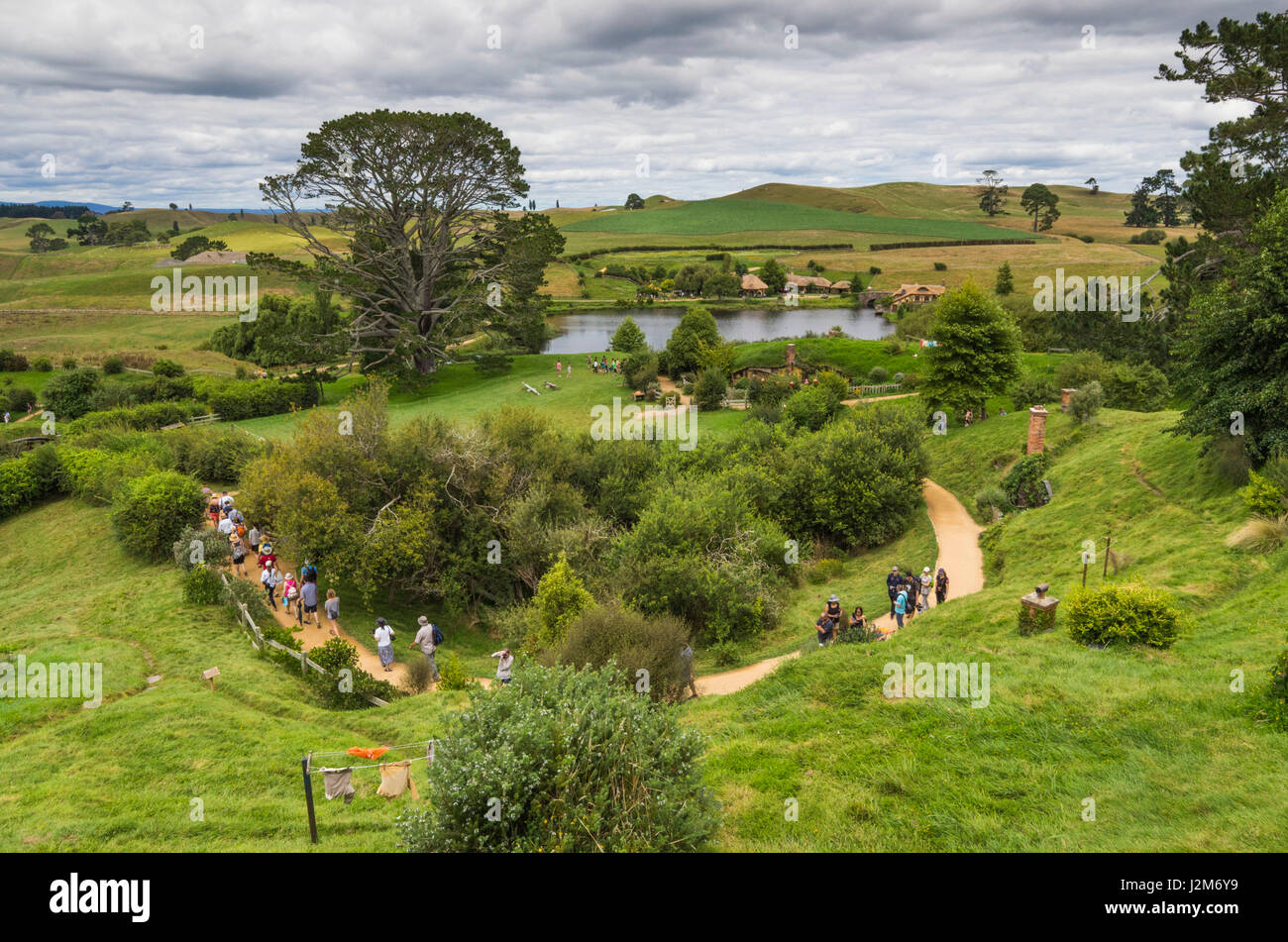 New Zealand, North Island, Matamata, Hobbiton Movie Set, elevated view ...