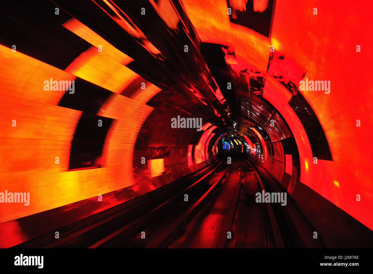 China, Shanghai, the Bund Tourist Tunnel: Passengers boarding a train ...