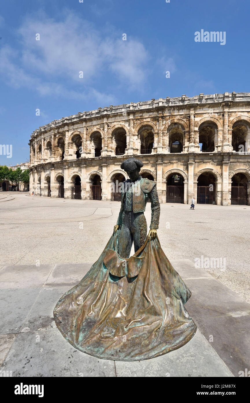 France, Gard, Nimes, Place des arenes, Nimeno II torero statue by ...