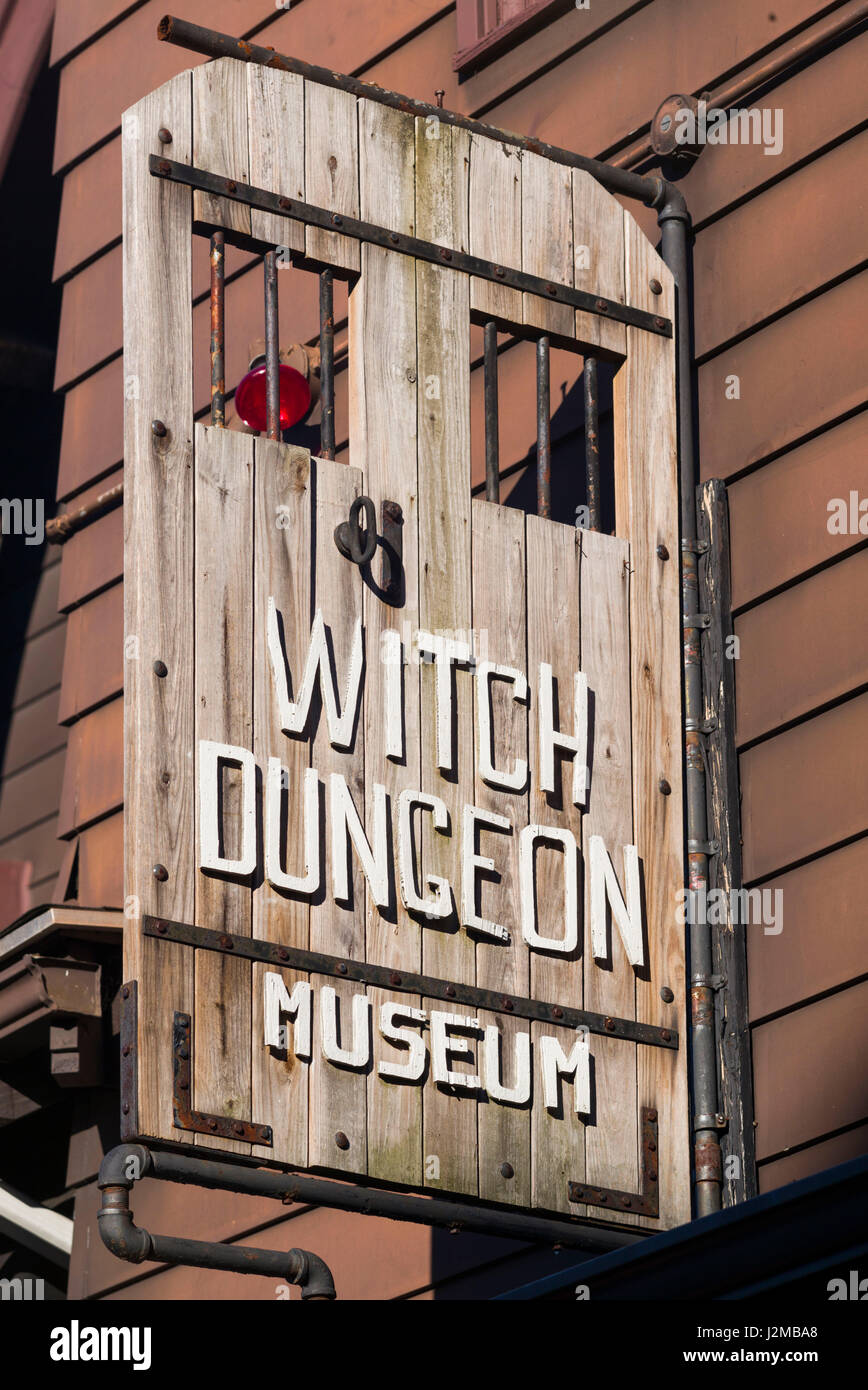 USA, Massachusetts, Salem, Salem Witch Dungeon Museum, sign, at the ...