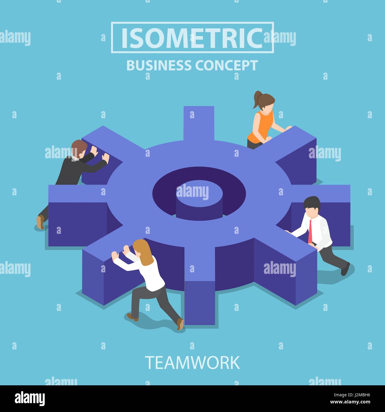 Flat 3d isometric business team pushing a big cogwheel. Teamwork ...