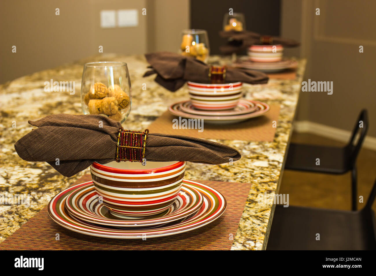 Kitchen Place Settings On Counter Bar Stock Photo - Alamy