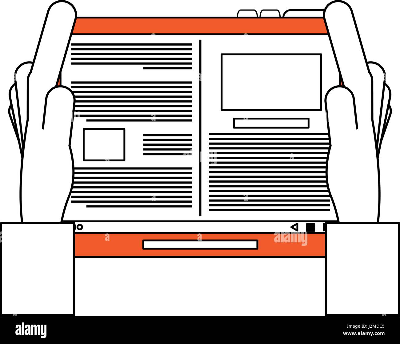 sketch color silhouette of hand holding a display computer with ...