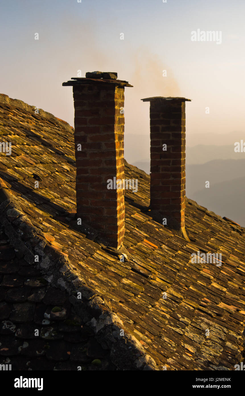View over roof of old traditional serbian house near Danube river at ...