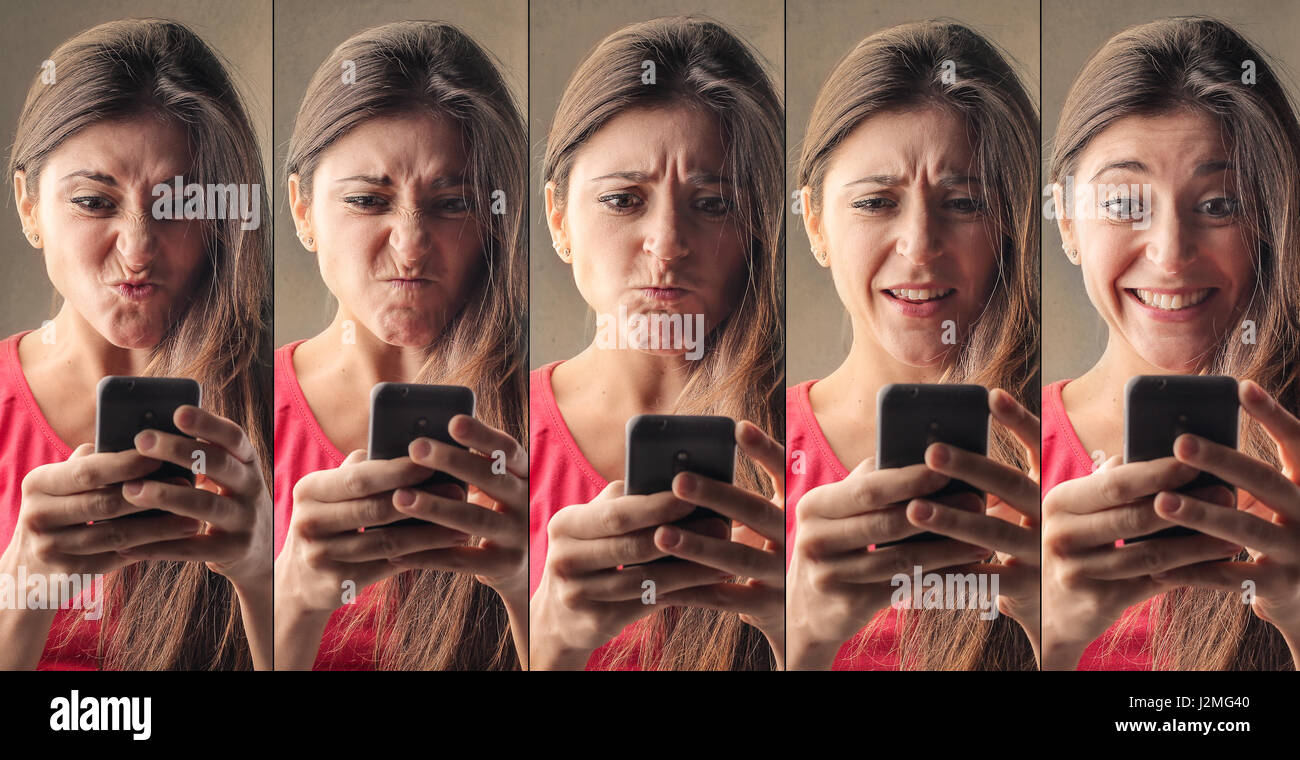 Collage of woman from being mad to happy Stock Photo - Alamy